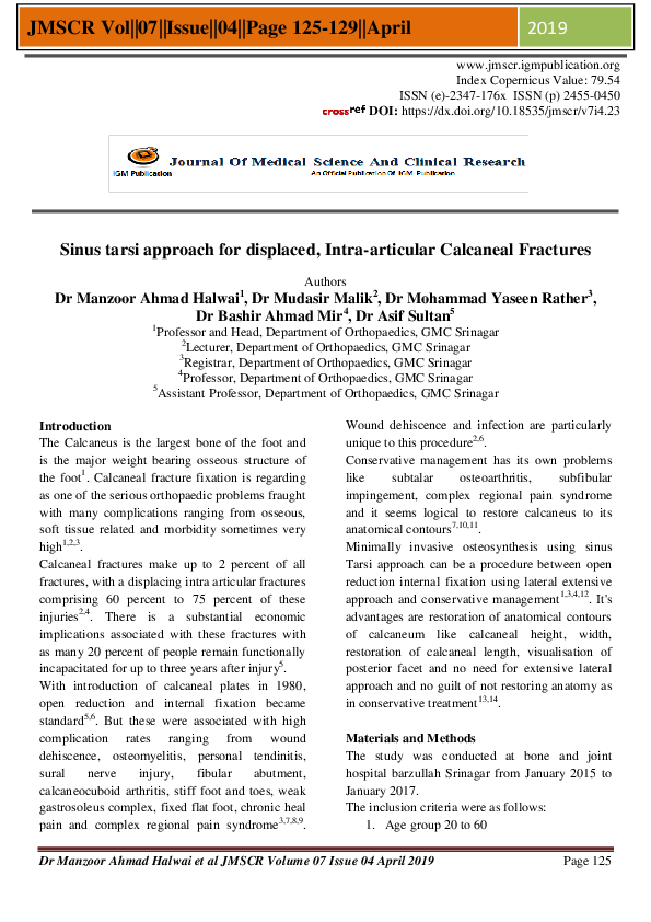 (PDF) Sinus tarsi approach for displaced, Intra-articular Calcaneal ...