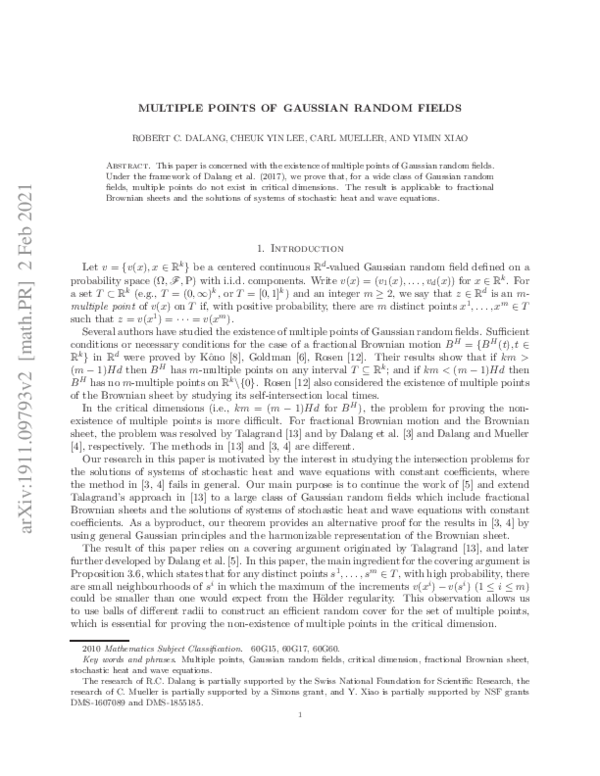 (PDF) Multiple Points of Gaussian Random Fields