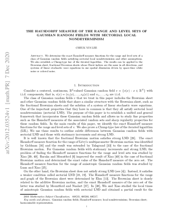 (PDF) The Hausdorff measure of the range and level sets of Gaussian random fields with sectorial ...