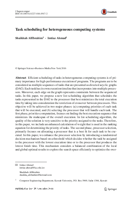 (PDF) Task scheduling for heterogeneous computing systems