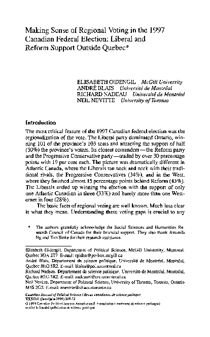 (PDF) Making Sense of Regional Voting in the 1997 Canadian Federal ...
