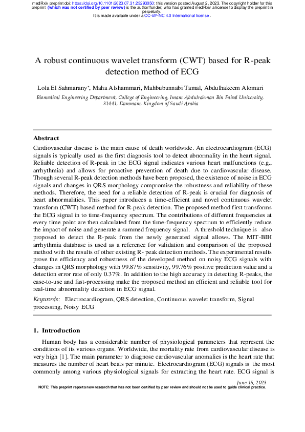 (PDF) A robust continuous wavelet transform (CWT) based for R-peak detection method of ECG