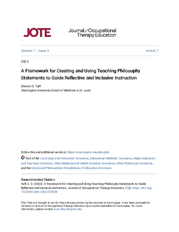 (PDF) A Framework for Creating and Using Teaching Philosophy Statements to Guide Reflective and ...