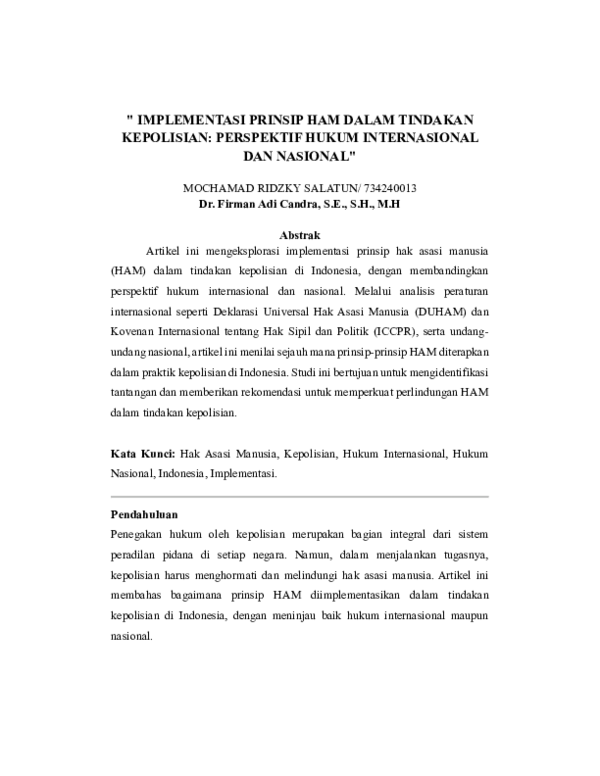(PDF) " IMPLEMENTASI PRINSIP HAM DALAM TINDAKAN KEPOLISIAN: PERSPEKTIF HUKUM INTERNASIONAL DAN ...