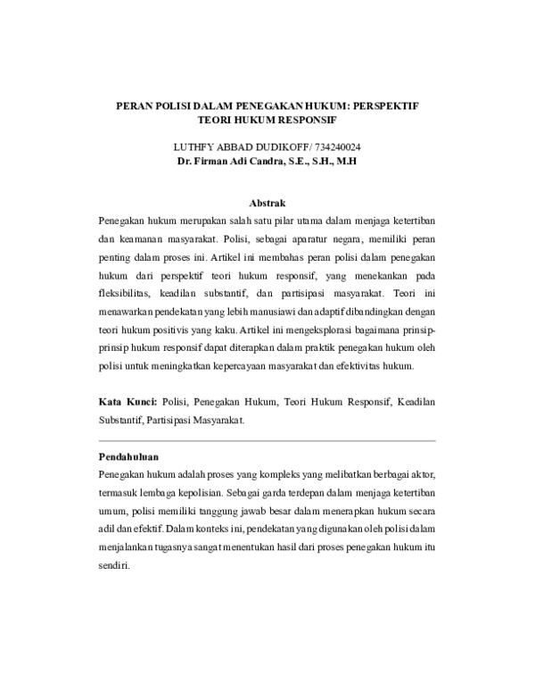 (PDF) PERAN POLISI DALAM PENEGAKAN HUKUM: PERSPEKTIF TEORI HUKUM ...