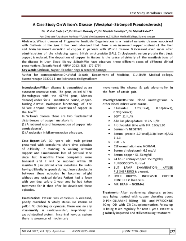 (PDF) A Case Study On Wilson's Disease (Westphal- Strümpell Pseudosclerosis)