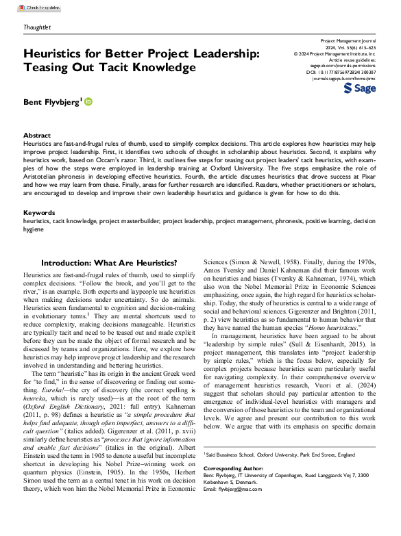 (PDF) Heuristics for Better Project Leadership: Teasing Out Tacit Knowledge