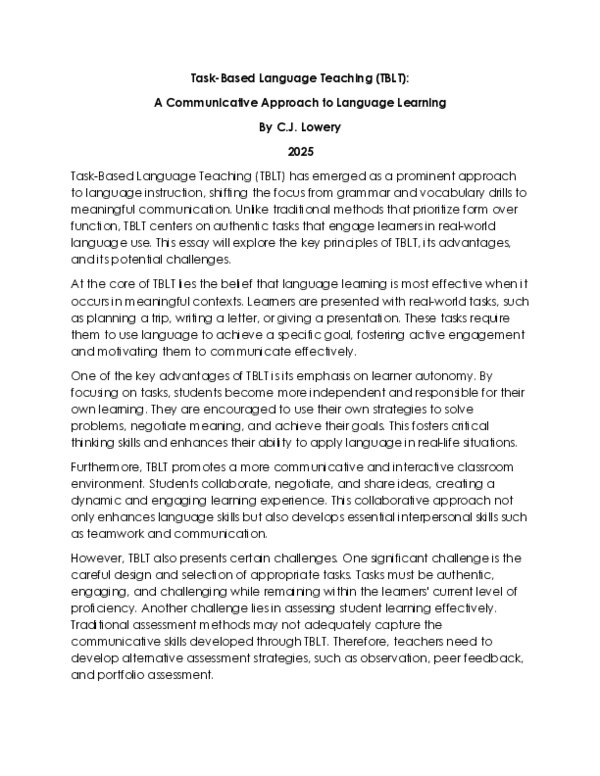 (PDF) Task-Based Language Teaching (TBLT): A Communicative Approach to Language Learning