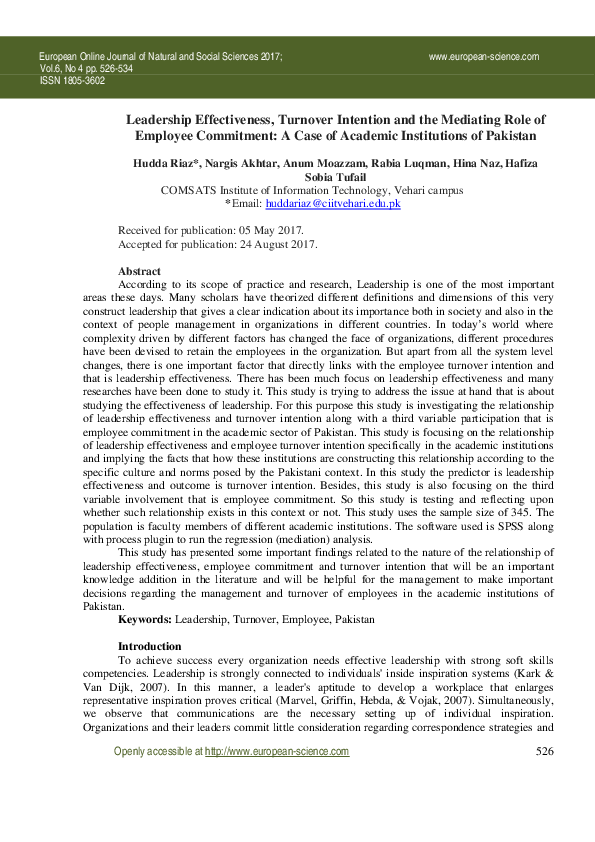 (PDF) Leadership Effectiveness, Turnover Intention and the Mediating Role of Employee Commitment ...