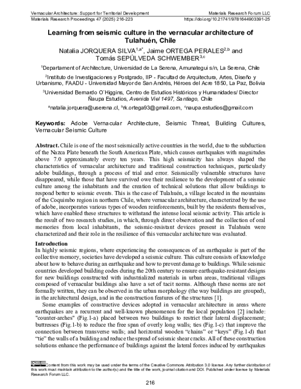 (PDF) Learning from seismic culture in the vernacular architecture of Tulahuén, Chile