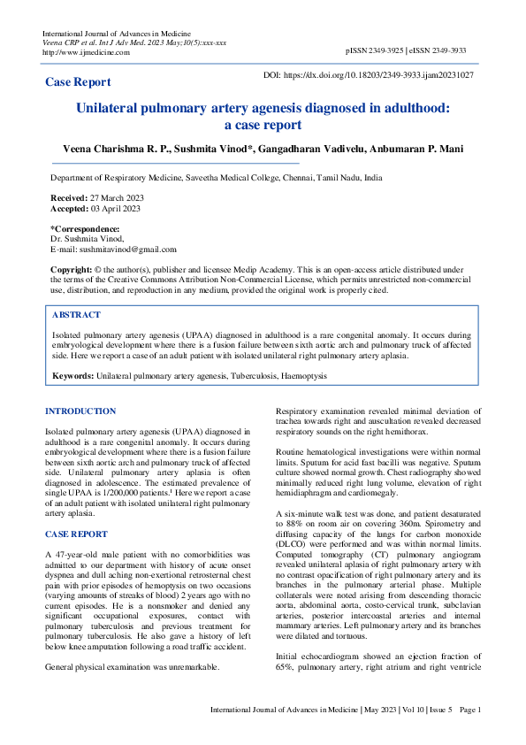 (PDF) Unilateral pulmonary artery agenesis diagnosed in adulthood: a ...