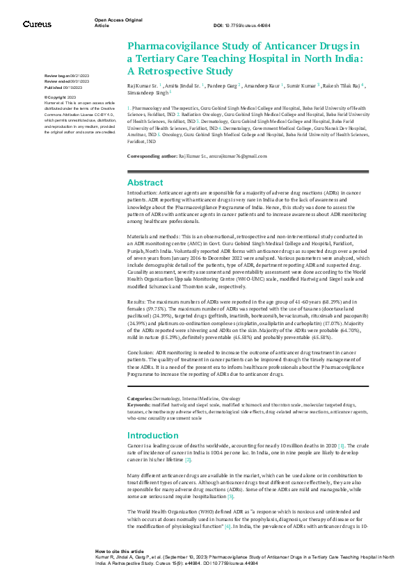 (PDF) Pharmacovigilance Study of Anticancer Drugs in a Tertiary Care Teaching Hospital in North ...