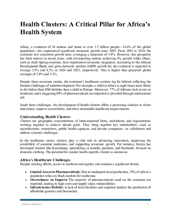 (PDF) Health Clusters: A Critical Pillar for Africa’s Health System