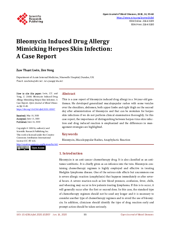 (PDF) Bleomycin Induced Drug Allergy Mimicking Herpes Skin Infection: A ...