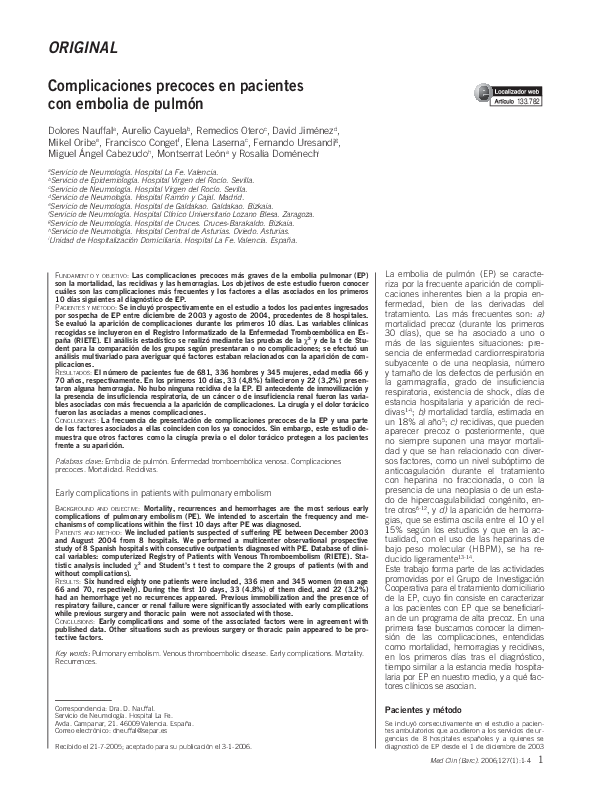 (PDF) Complicaciones precoces en pacientes con embolia de pulmón