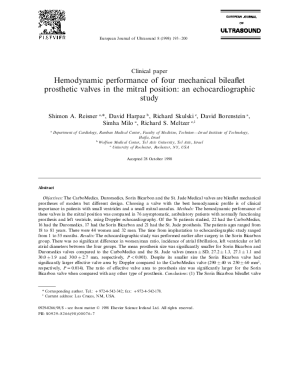 (PDF) Hemodynamic performance of four mechanical bileaflet prosthetic ...