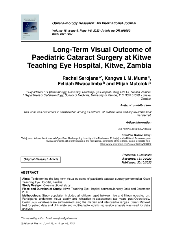 (PDF) Long-Term Visual Outcome of Paediatric Cataract Surgery at Kitwe ...