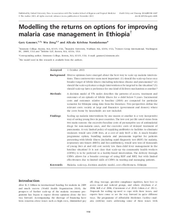 (PDF) Modelling the returns on options for improving malaria case ...