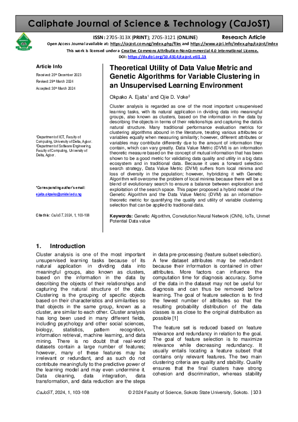 (PDF) Theoretical Utility of Data Value Metric and Genetic Algorithms for Variable Clustering in ...