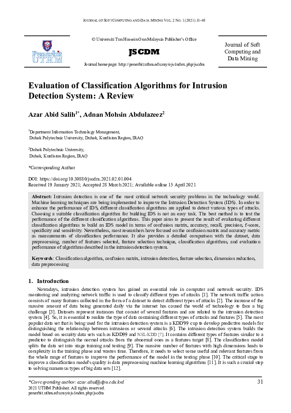 Pdf Evaluation Of Classification Algorithms For Intrusion Detection