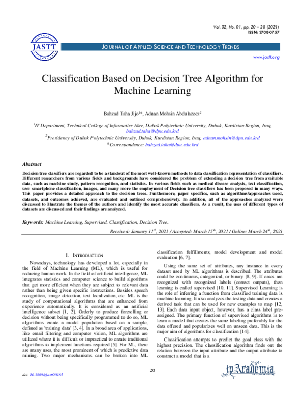 (PDF) Classification Based on Decision Tree Algorithm for Machine Learning