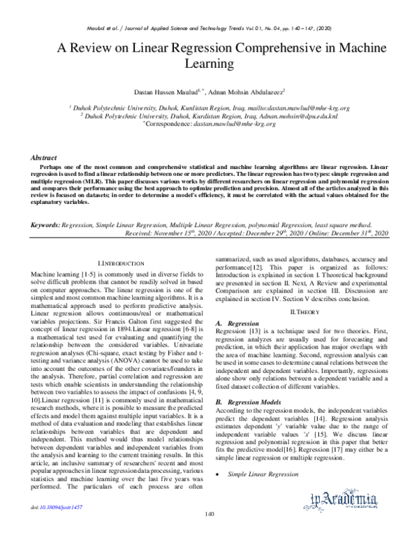 (PDF) A Review on Linear Regression Comprehensive in Machine Learning