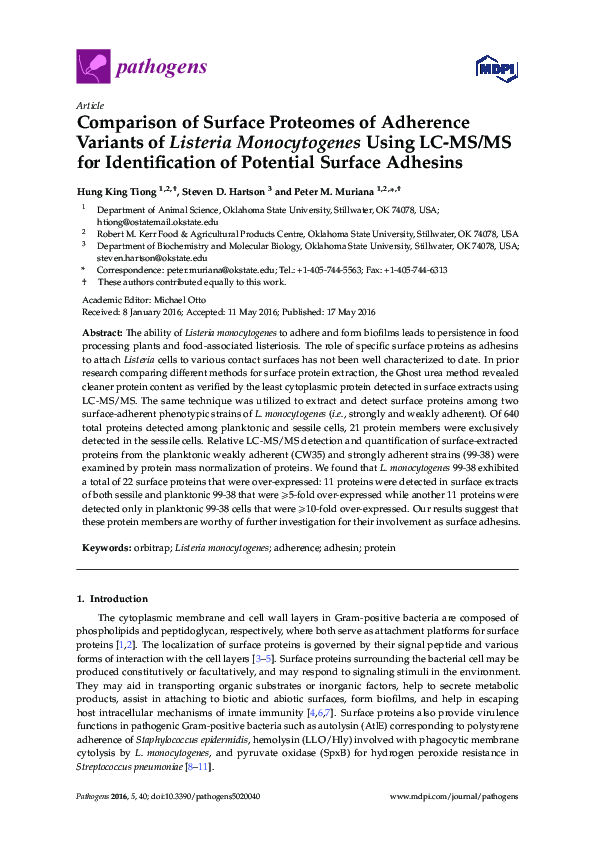 (PDF) Comparison of Surface Proteomes of Adherence Variants of Listeria ...