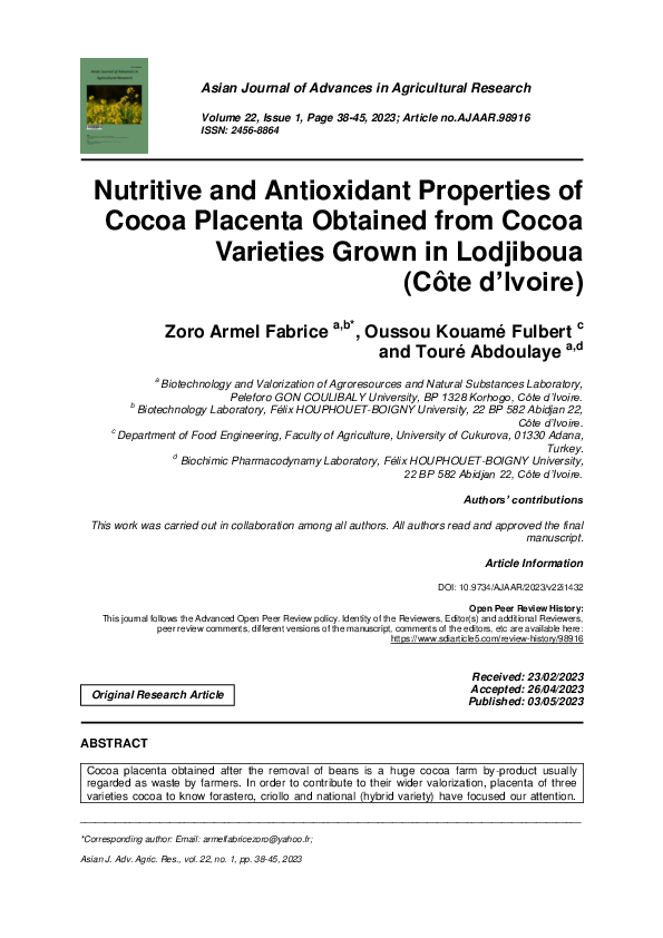 (PDF) Nutritive and Antioxidant Properties of Cocoa Placenta Obtained ...