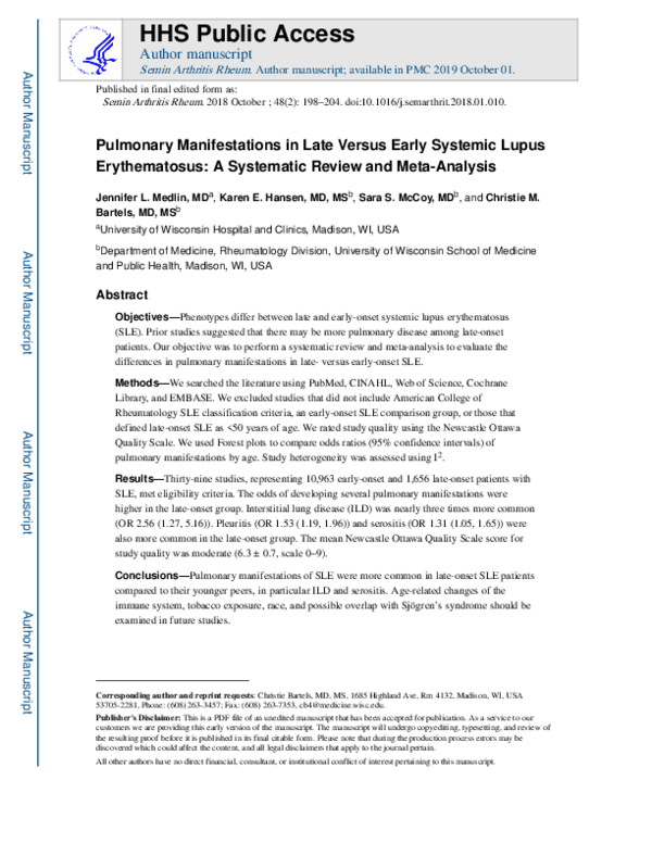 (PDF) Pulmonary manifestations in late versus early systemic lupus erythematosus: A systematic ...
