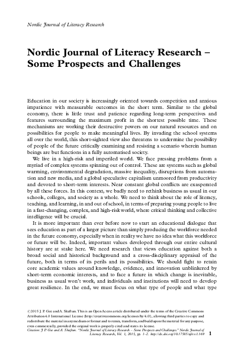 (PDF) Nordic Journal of Literacy Research – Some Prospects and Challenges