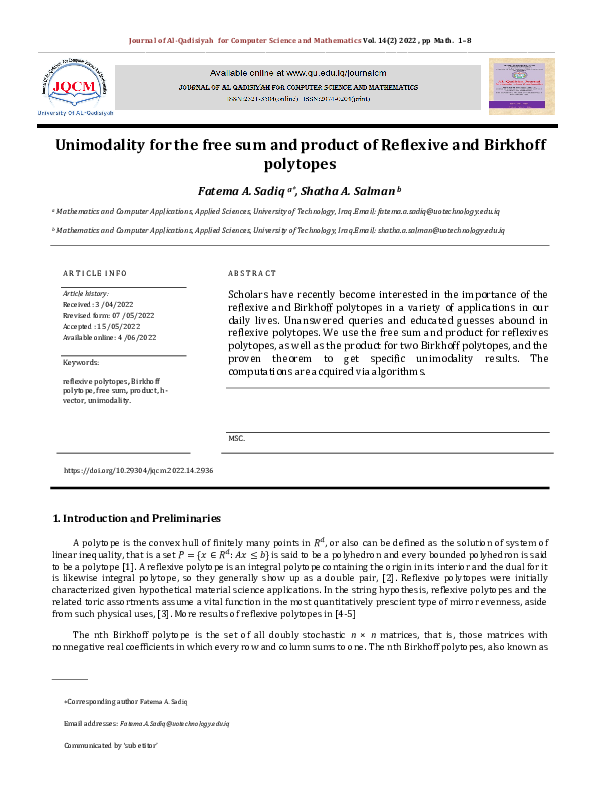 (PDF) Unimodality for the free sum and product of Reflexive and Birkhoff polytopes