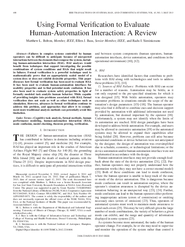 Using Formal Verification to Evaluate Human-Automation Interaction: A Review