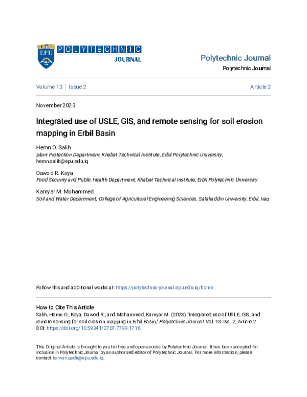 (PDF) Integrated use of USLE, GIS, and remote sensing for soil erosion mapping in Erbil Basin