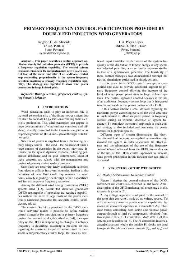 (PDF) Primary Frequency Control Participation Provided by Doubly Fed Induction Wind Generators