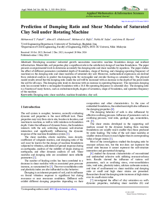 (PDF) Prediction of Damping Ratio and Shear Modulus of Saturated Clay Soil under Rotating Machine