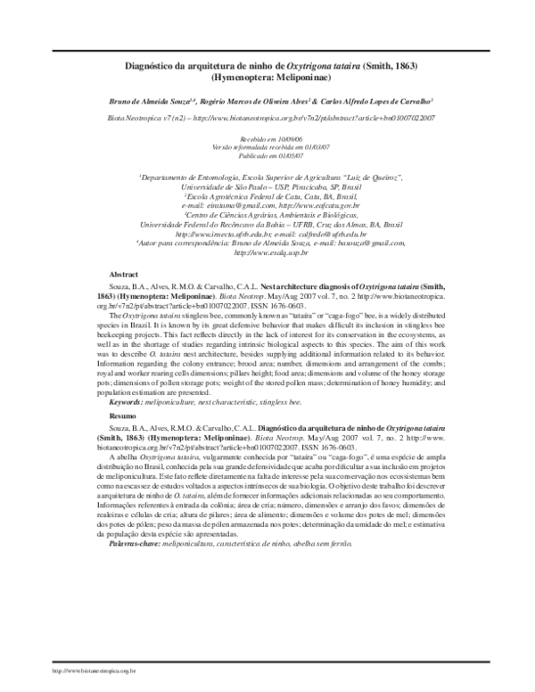 (PDF) Diagnóstico da arquitetura de ninho de Oxytrigona tataira (Smith ...