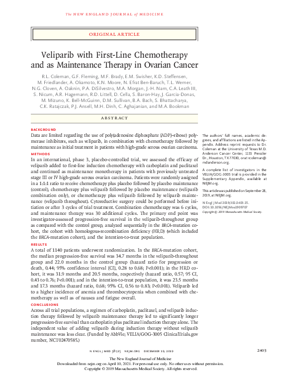 (PDF) Veliparib with First-Line Chemotherapy and as Maintenance Therapy ...