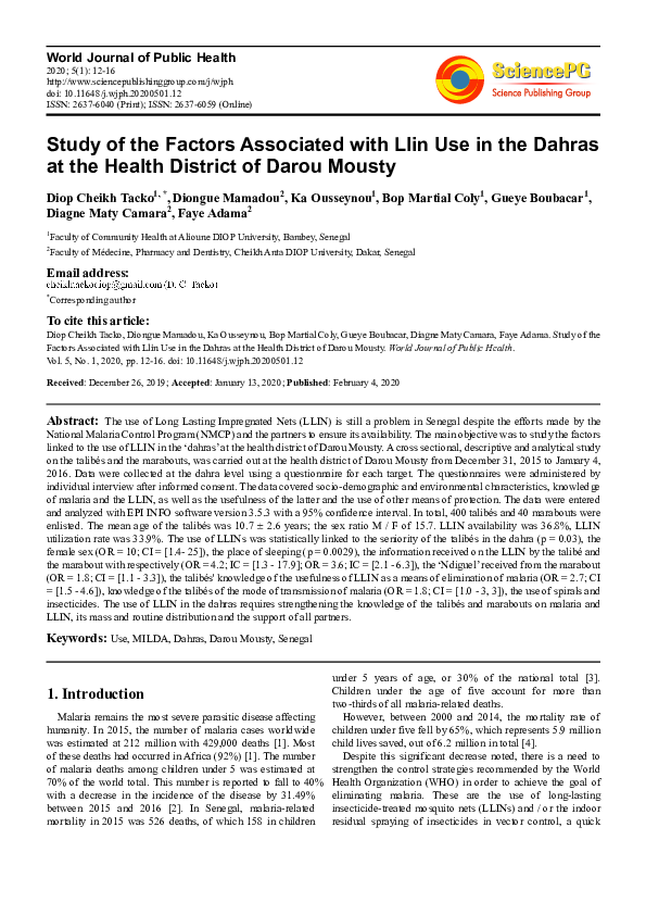 (PDF) Study of the Factors Associated with Llin Use in the Dahras at ...