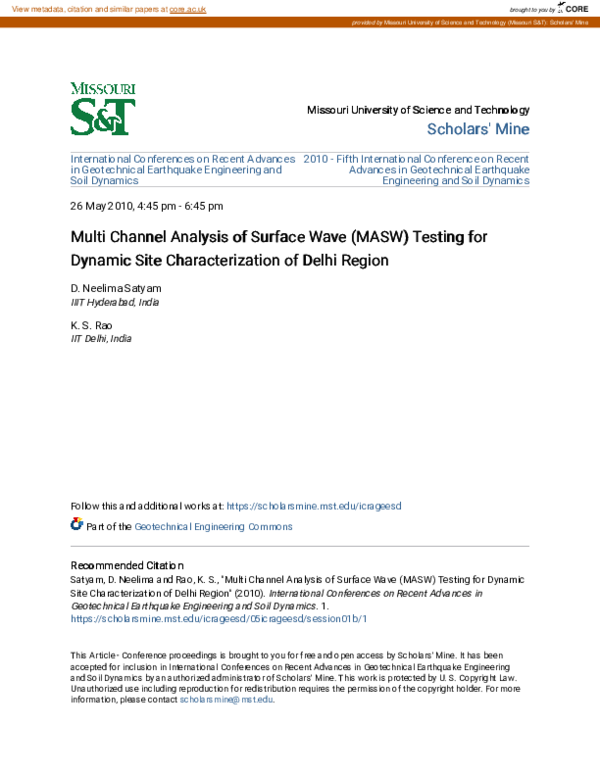 (PDF) Multi Channel Analysis of Surface Wave (Masw) Testing for Site ...