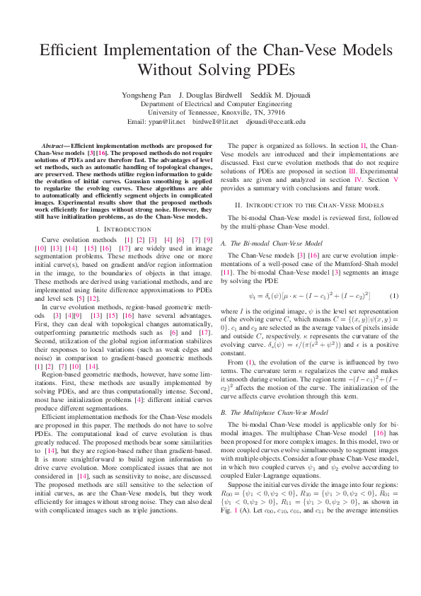 (PDF) Efficient Implementation of the Chan-Vese Models Without Solving PDEs