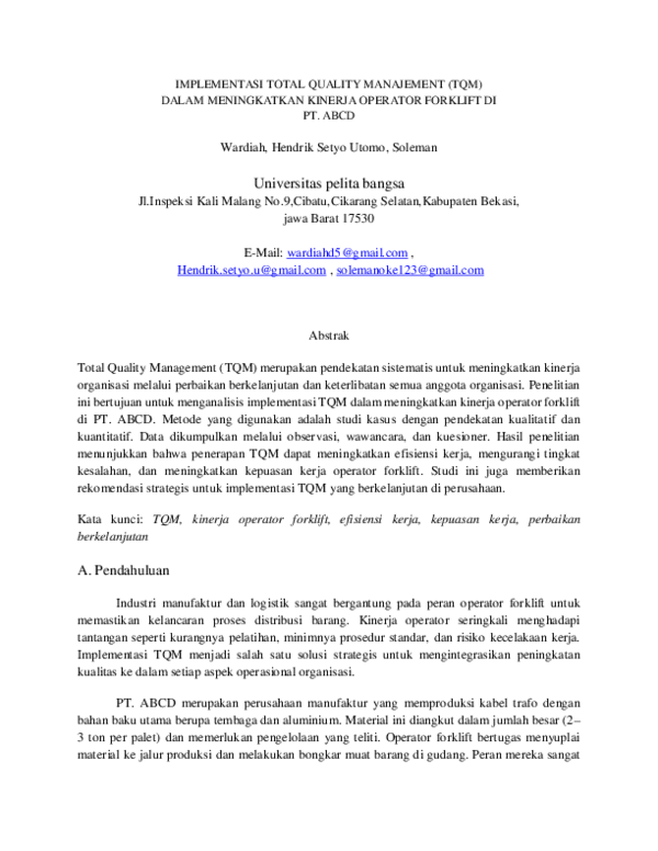 (PDF) IMPLEMENTASI TOTAL QUALITY MANAJEMENT (TQM) DALAM MENINGKATKAN KINERJA OPERATOR FORKLIFT DI