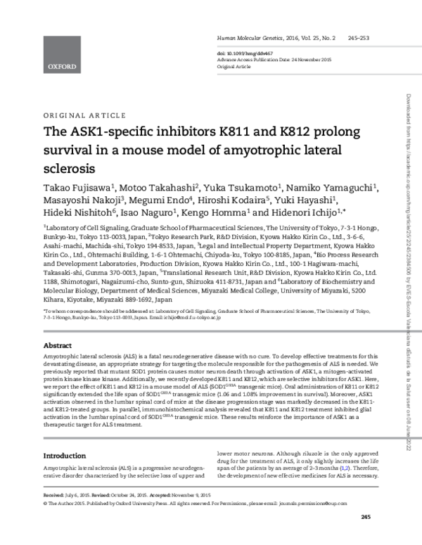(PDF) The ASK1-specific inhibitors K811 and K812 prolong survival in a ...