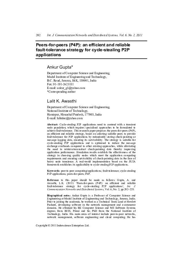 (PDF) Peers-for-peers (P4P): an efficient and reliable fault-tolerance strategy for cycle ...