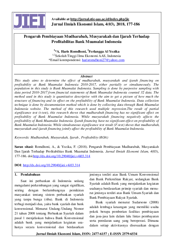 (PDF) Pengaruh Pembiayaan Mudharabah, Musyarakah Dan Ijarah Terhadap Profitabilitas Bank ...