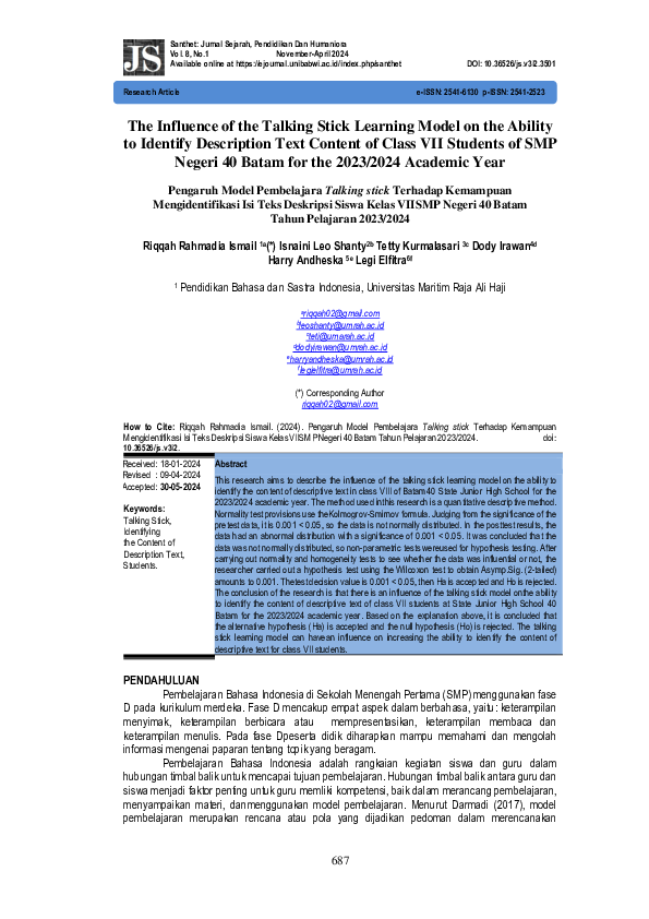 (PDF) The Pengaruh Model Pembelajara Talking stick Terhadap Kemampuan ...