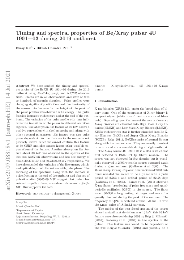 (PDF) Timing and spectral properties of the Be/X-ray pulsar 4U 1901+03 during its 2019 outburst