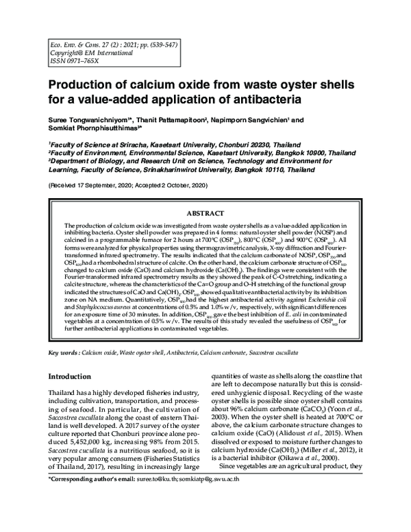 (PDF) Production of calcium oxide from waste oyster shells for a value ...