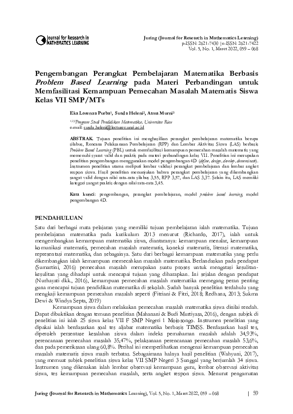 (PDF) Pengembangan Perangkat Pembelajaran Matematika Berbasis Problem Based Learning pada Materi ...