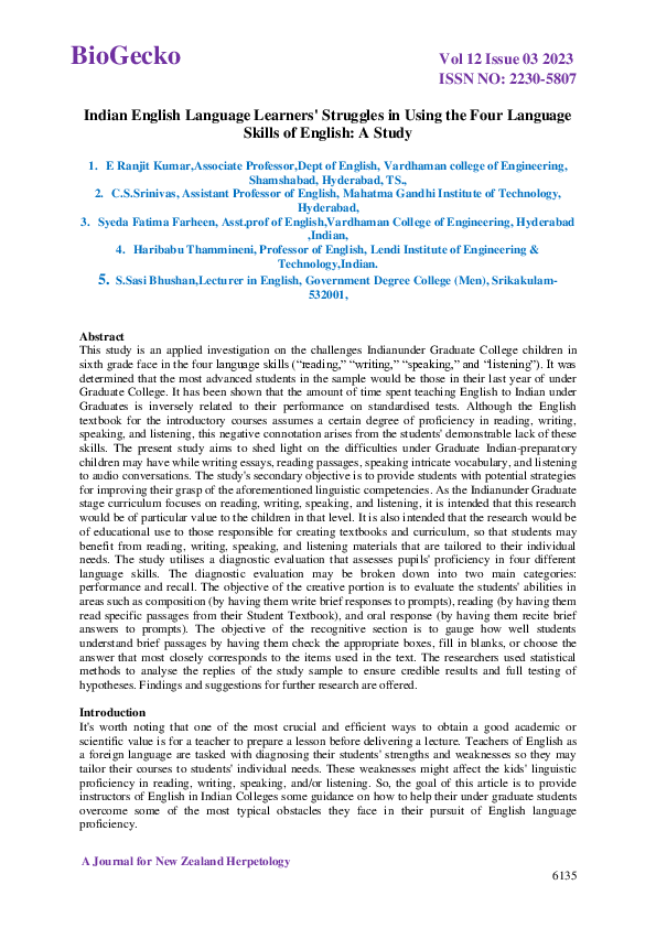 (PDF) Indian English Language Learners' Struggles in Using the Four Language Skills of English ...