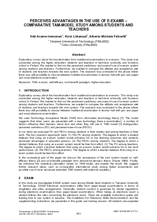 (PDF) Perceived Advantages in the Use of E-Exams – Comparative Tam ...